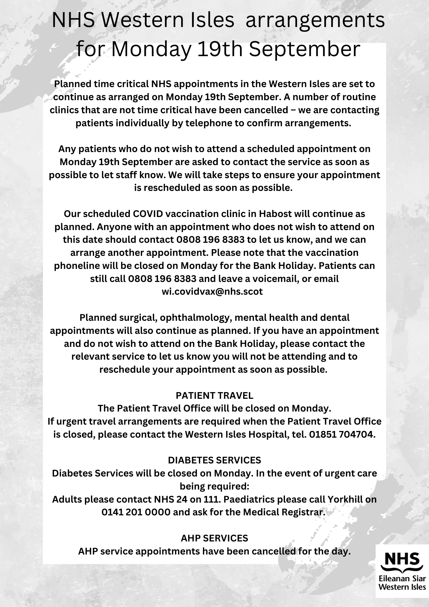 NHS Western Isles arrangements for Monday 19th September - NHS Western ...